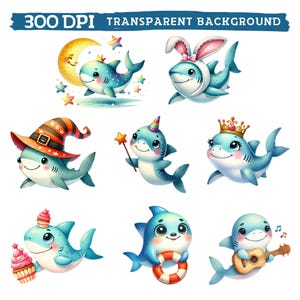 Cute Shark Clipart, Watercolor Ocean, Undersea Nursery Decor, Marine ...