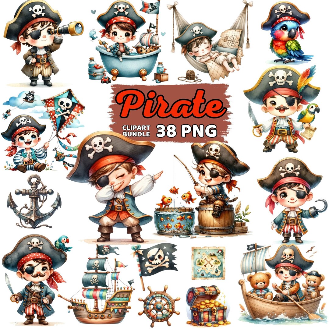 Watercolor Cute Pirate Clipart, Pirate Ship Flag, Pirate Map Nursery ...