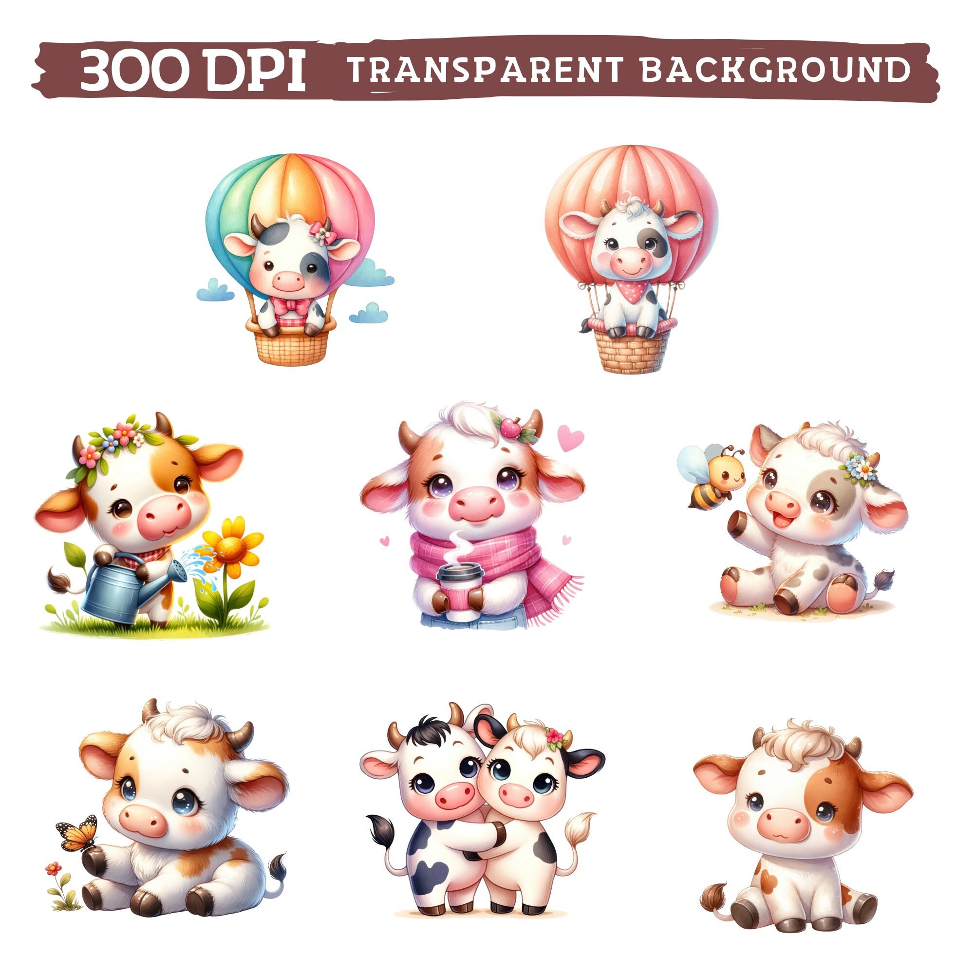 Cute Cow Clipart, Watercolor Baby Cow Nursery, Cow Sleep on Moon, Cow ...