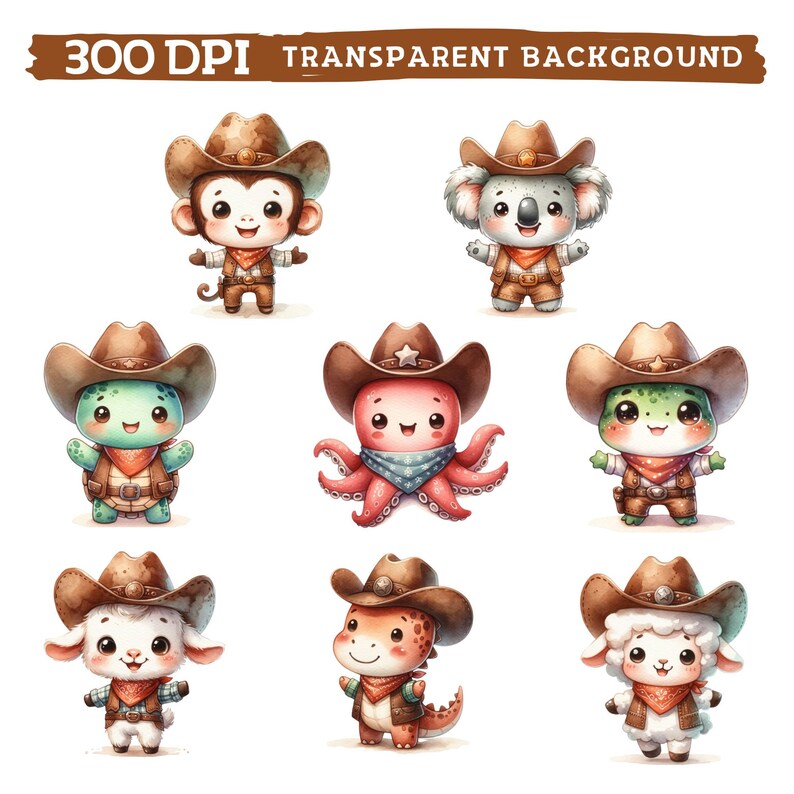 Adorable Cowboy Animal Clipart Set, Watercolor Western Animals Nursery ...