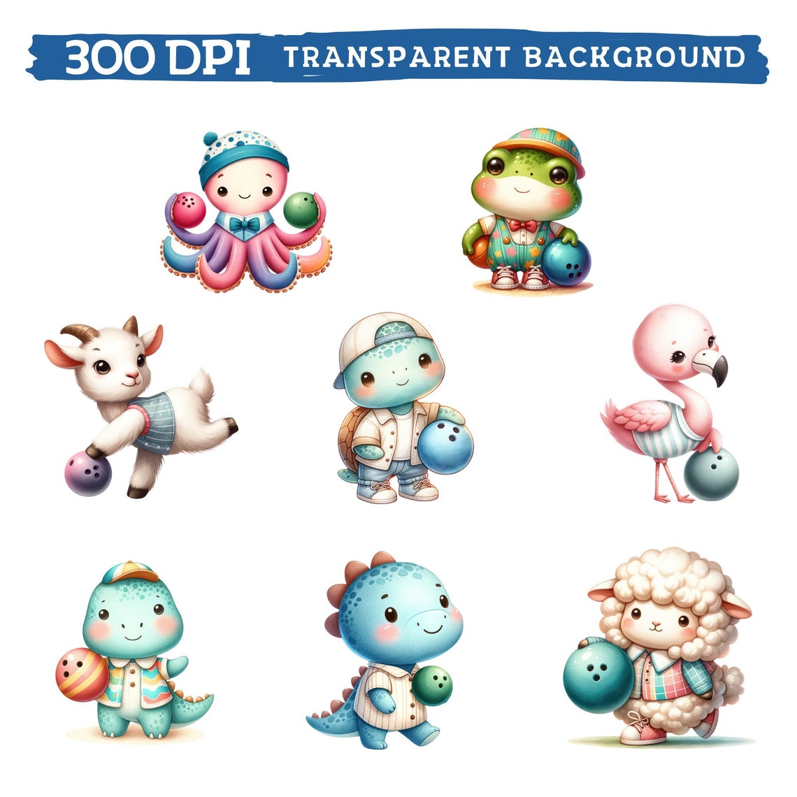 Cute Bowling Animals Clipart, Watercolor Cute Cartoon Bowler Nursery ...