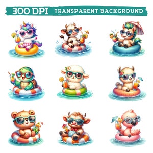 Cute Animals on Float Clipart, Watercolor Pool Nursery, Tropical Vibes ...