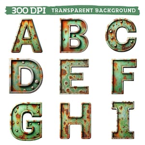 Rusty Metal Alphabet Clipart, Green Rusty Letters, Steampunk Lettering ...