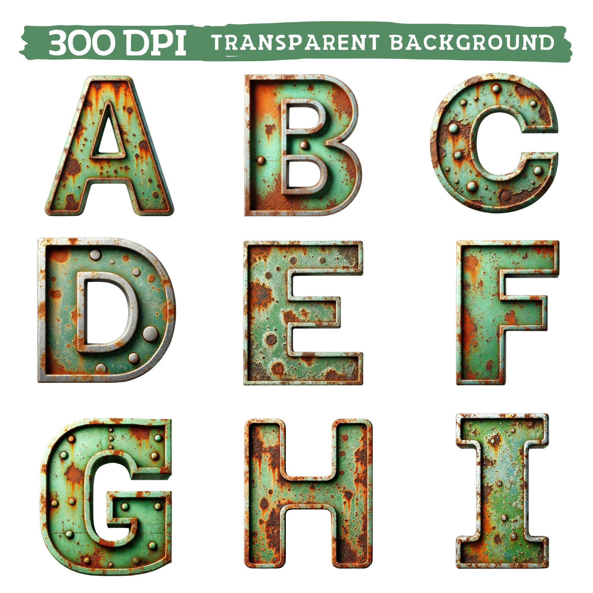 Rusty Metal Alphabet Clipart, Green Rusty Letters, Steampunk Lettering ...