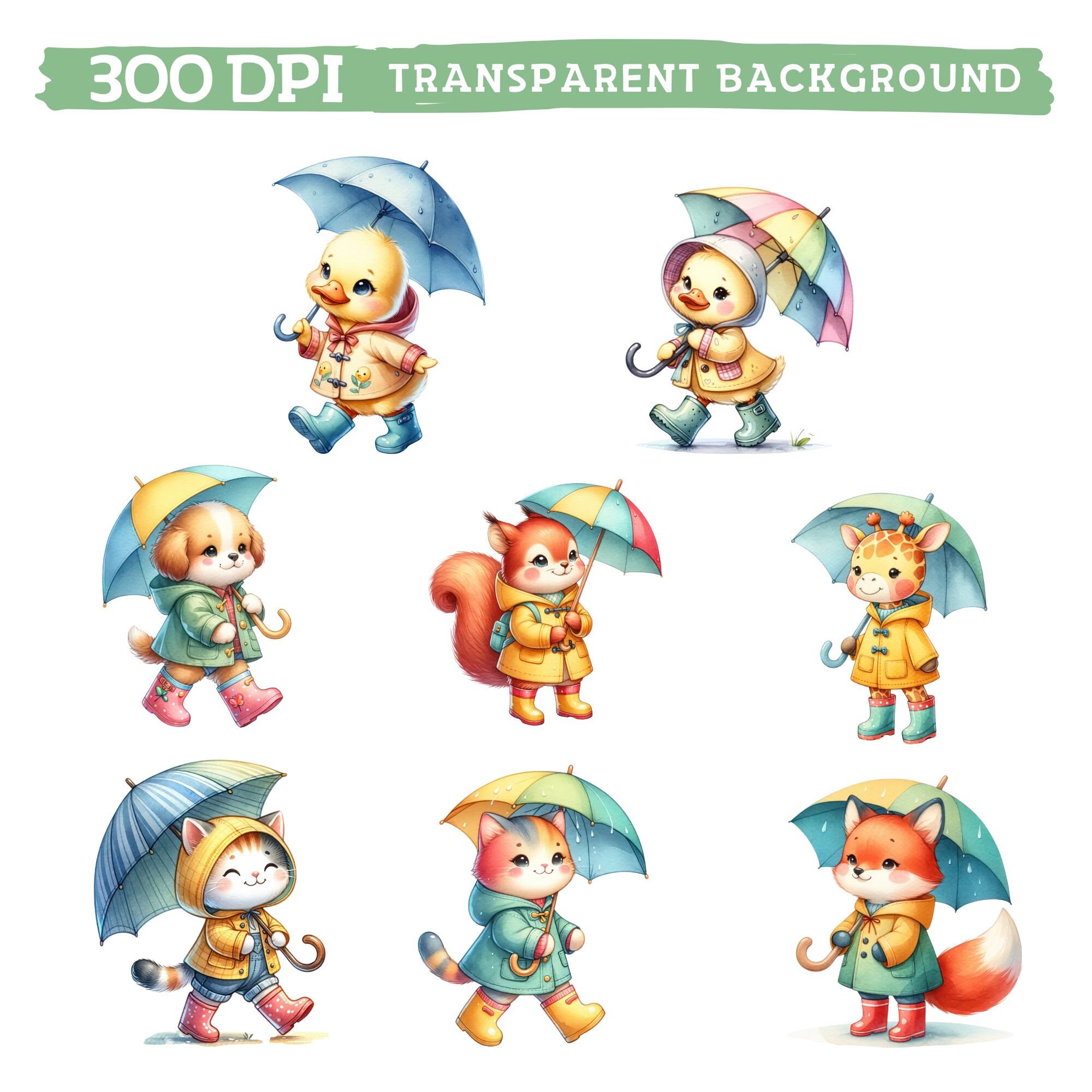 Adorable Animal With Raincoats Clipart, Watercolor Cute Animals With ...