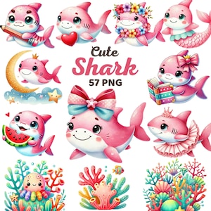 Cute Shark Clipart, Watercolor Ocean, Undersea Nursery Decor, Marine ...