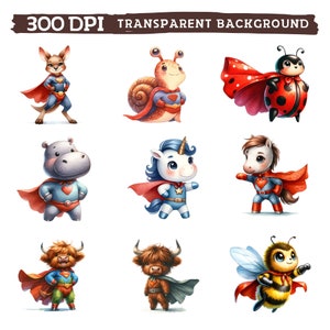 Cute Superhero Animals Clipart, Watercolor Baby Animal Nursery, Fantasy ...