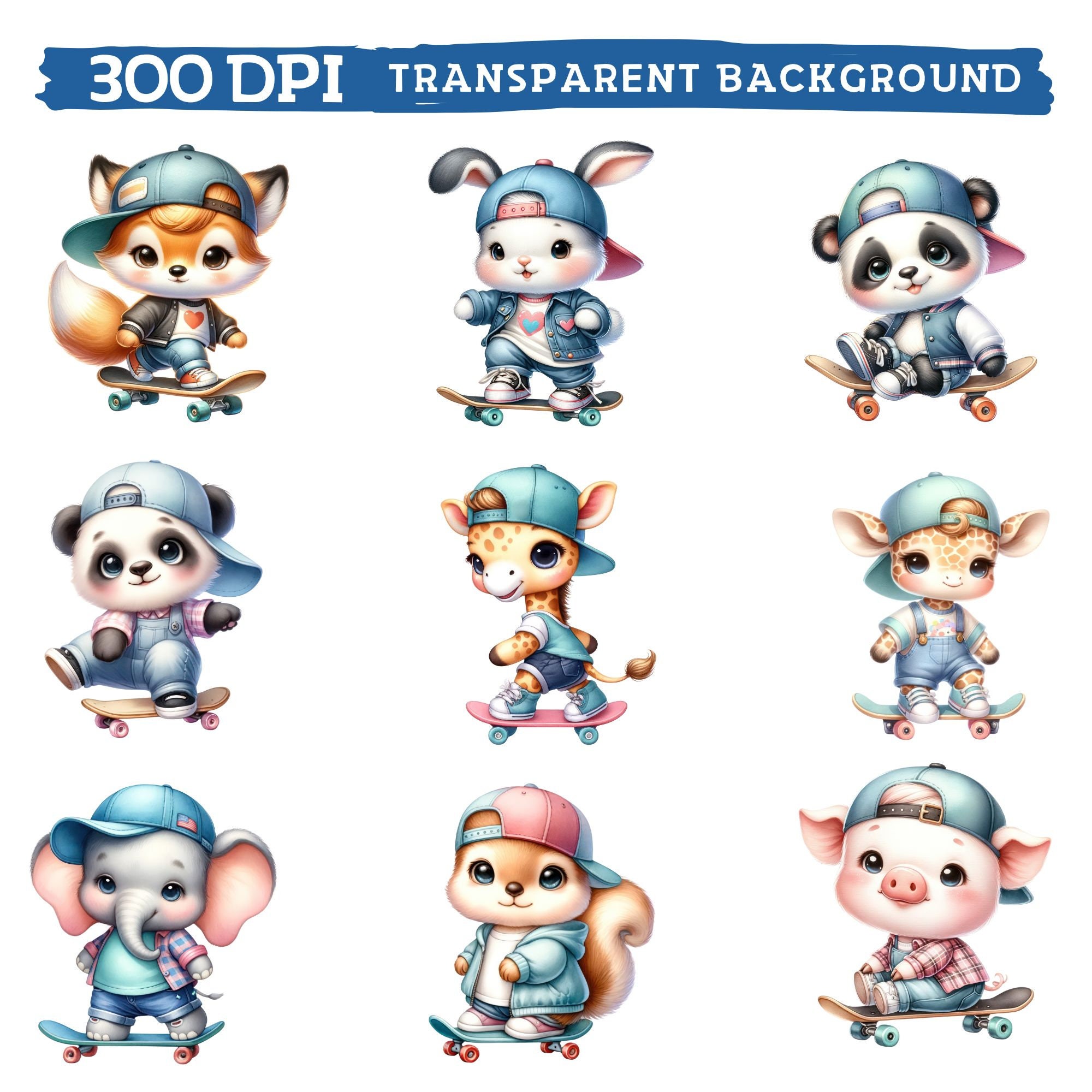 Skateboarding Animals Clipart, Watercolor Cute Cartoon Skateboard ...