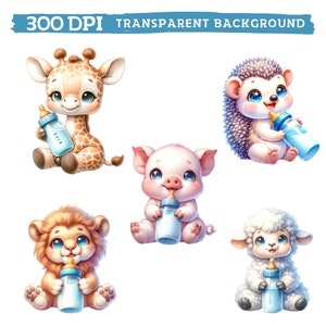 Cute Baby Animals With Blue Baby Bottle Clipart, Watercolor Animal ...