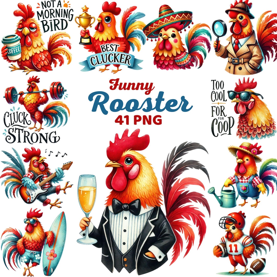 Funny Rooster Clipart, Watercolor Hilarious Chicken, Roosters, Farm Animal Sublimation ...