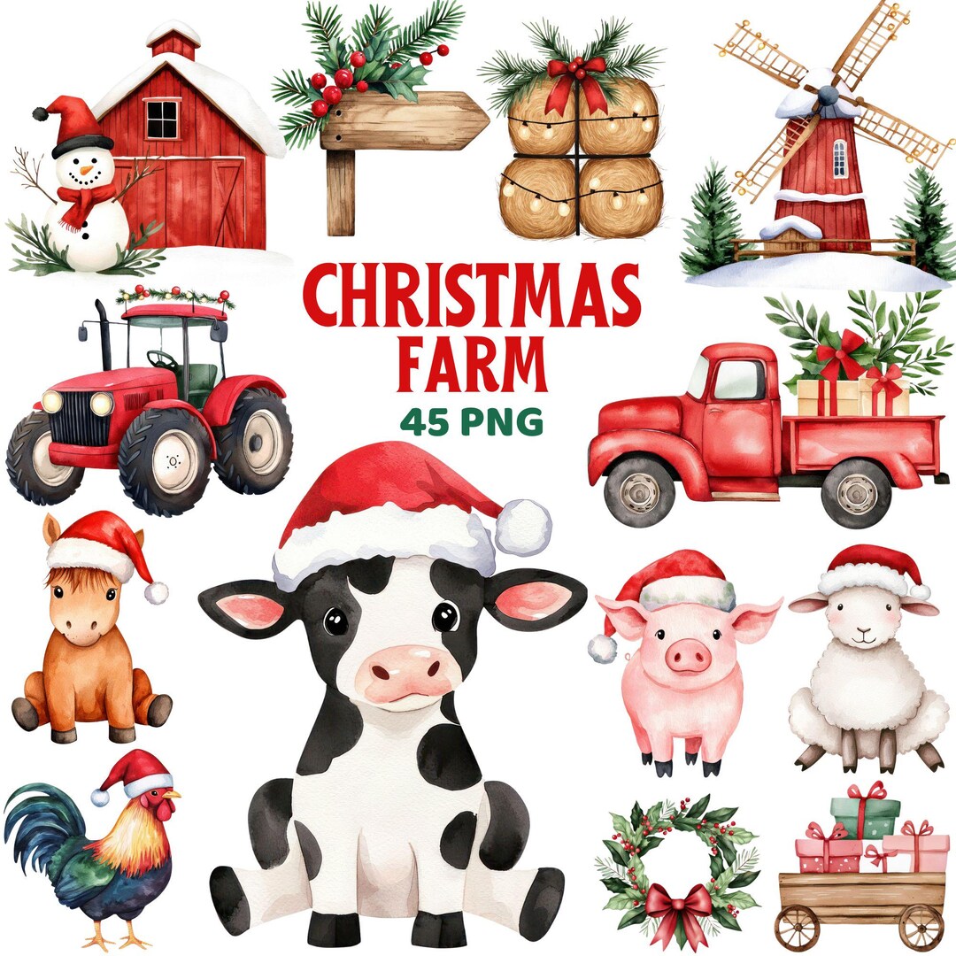 Cute Christmas Farm Clipart, Watercolor Cozy Christmas Farm Animals ...