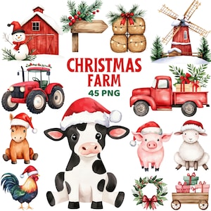 Cute Christmas Farm Clipart, Watercolor Cozy Christmas Farm Animals ...