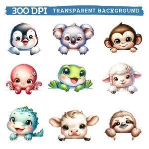 Peeking Animals Clipart, Watercolor Cute Baby Animal Faces Peeking Over ...