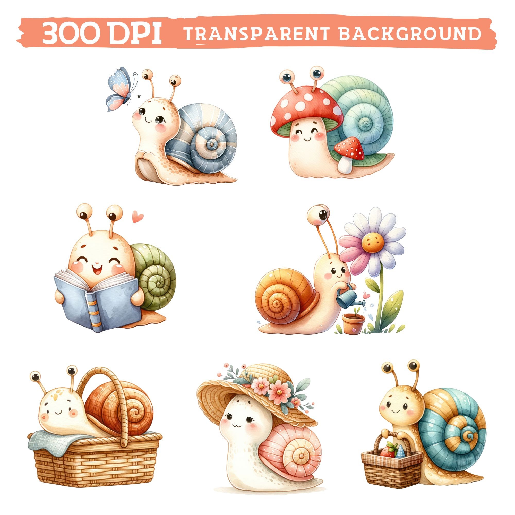 Watercolor Cute Snail Clipart, Spring Summer Snail Garden Nursery ...