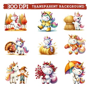 Cute Fall Unicorn Clipart, Watercolor Sweet Autumn Harvest Unicorn ...
