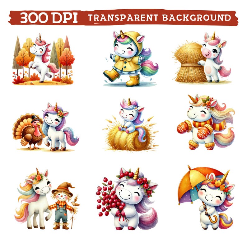 Cute Fall Unicorn Clipart, Watercolor Sweet Autumn Harvest Unicorn ...