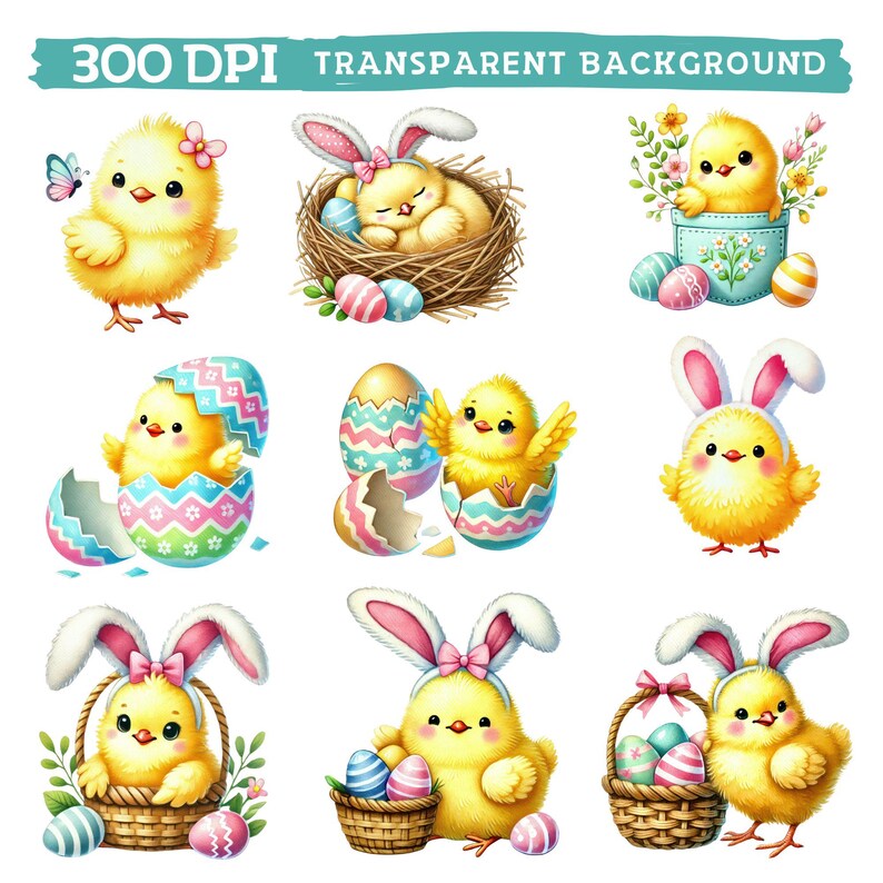 Cute Easter Chick Clipart, Watercolor Baby Chicken and Eggs, Farm ...
