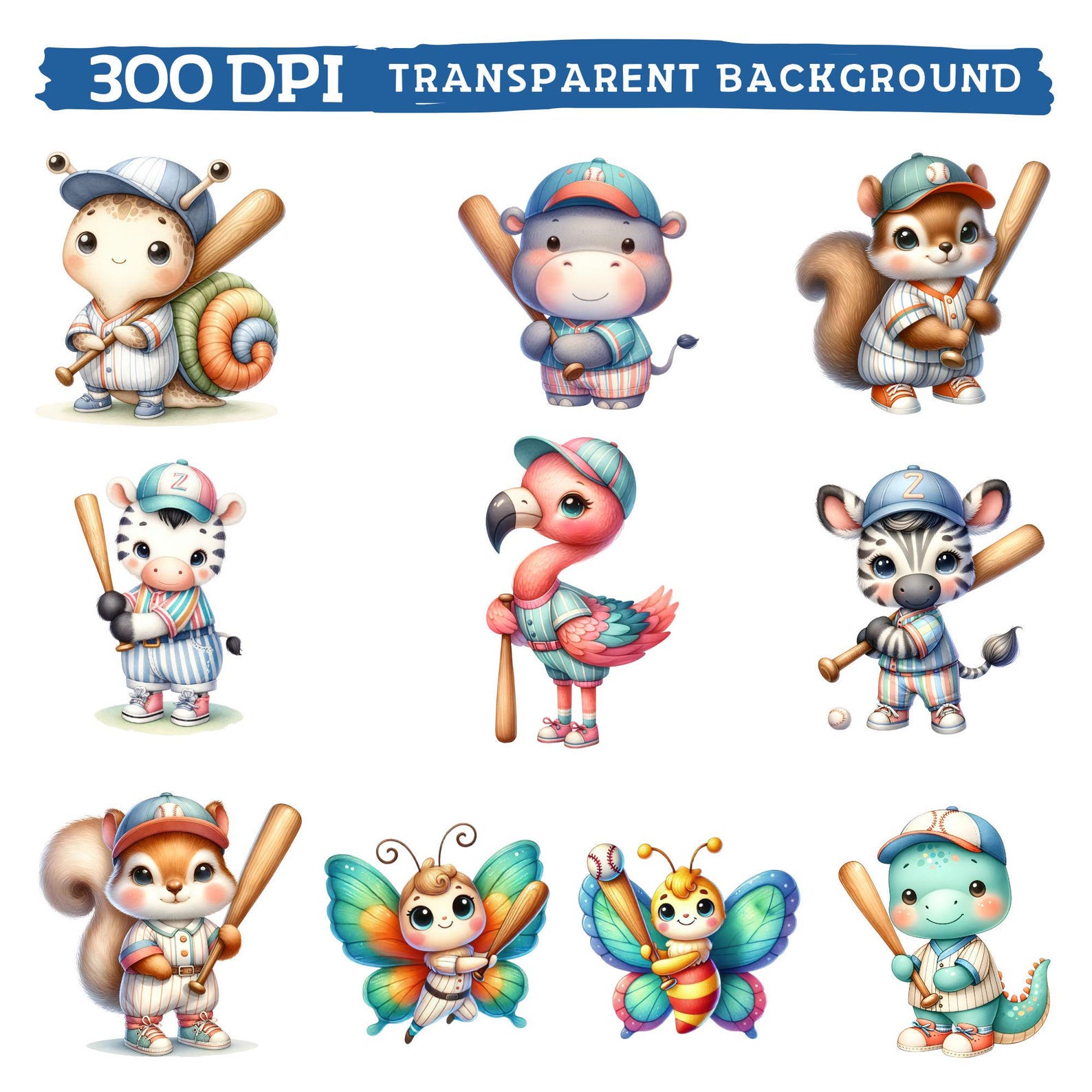 Baseball Animals Clipart, Watercolor Cute Cartoon Sports Nursery ...