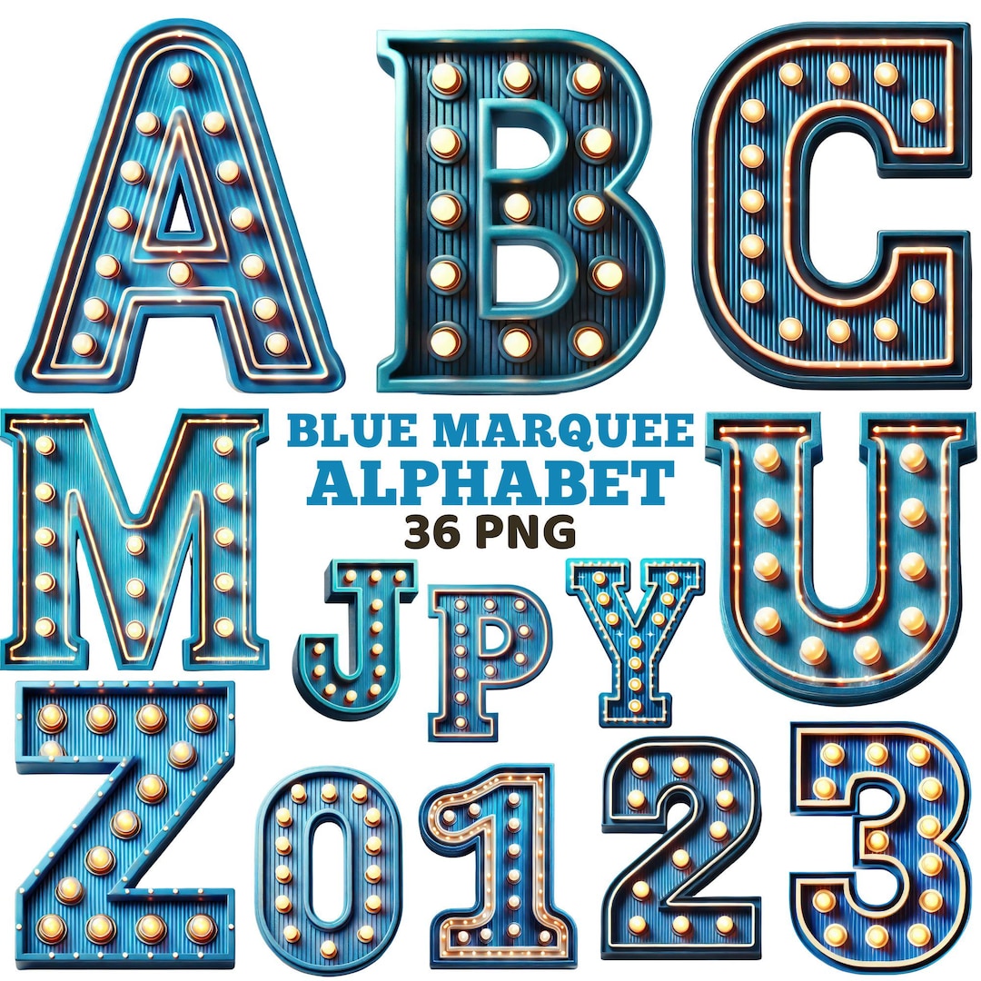 Blue Marquee Alphabet Clipart, Retro Light Bulb Letters & Numbers ...