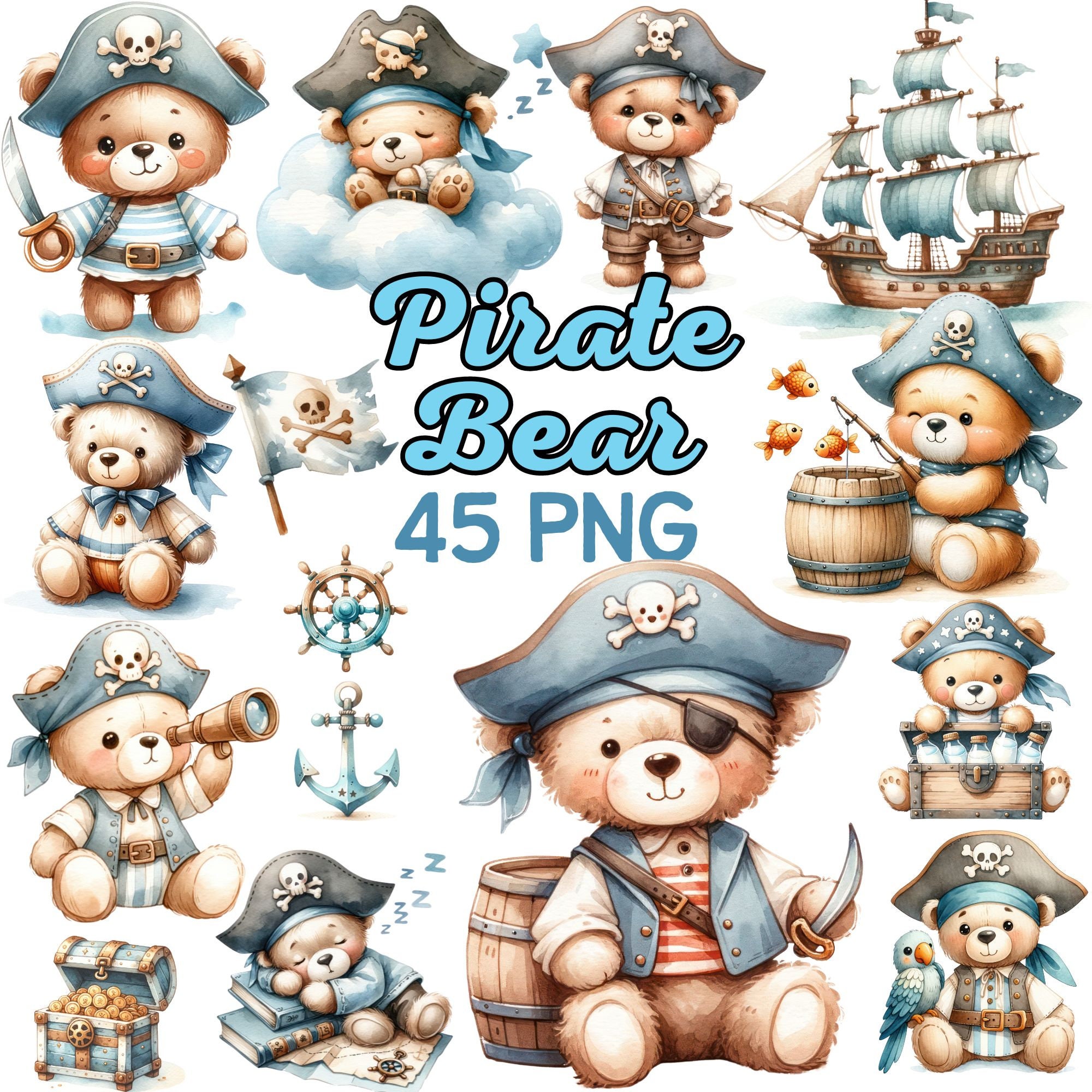 Watercolor Cute Pirate Bear Clipart, Boy Nursery Pirate Ship Flag ...