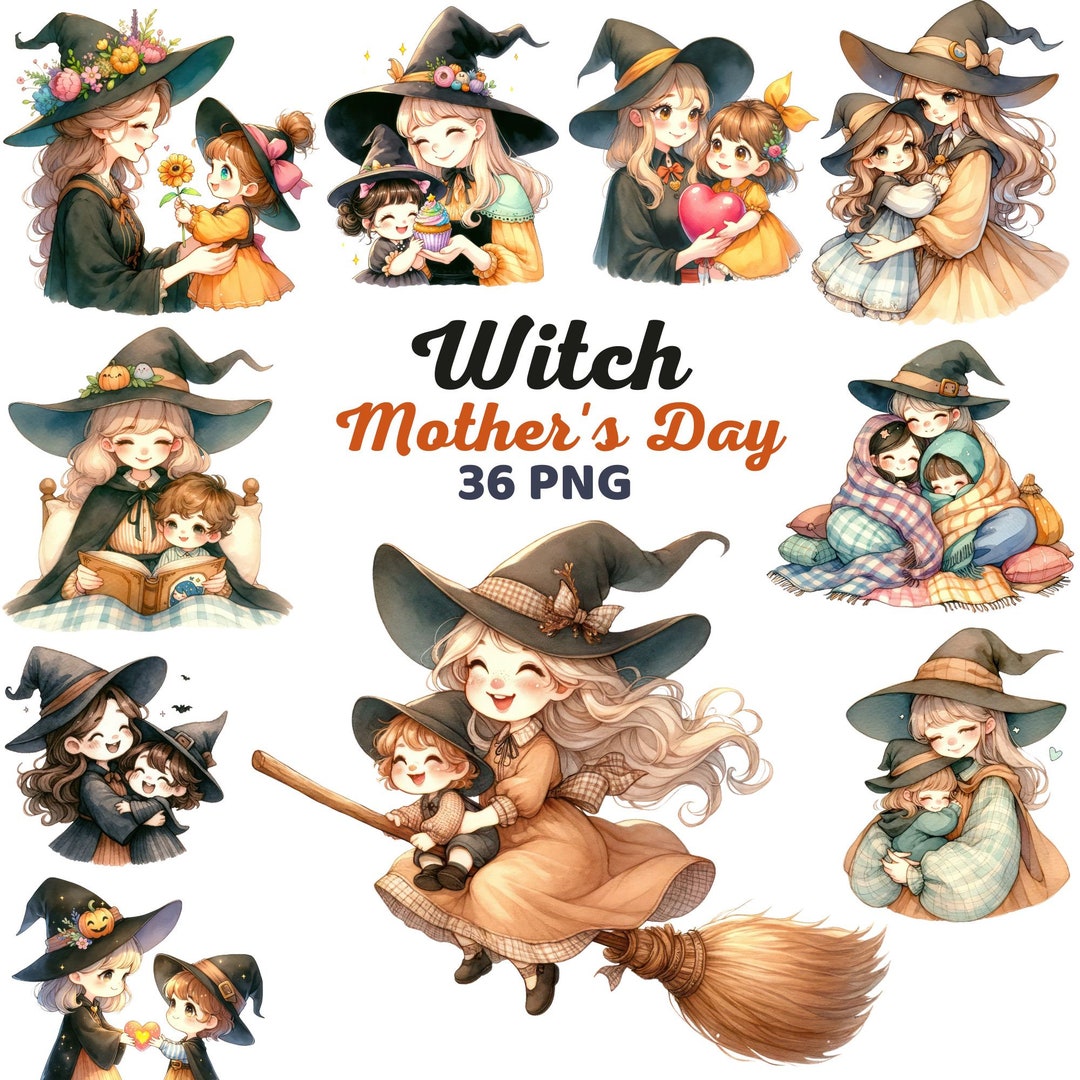 Witch & Child Clipart, Watercolor Cute Mother's Day Nursery, Magical ...