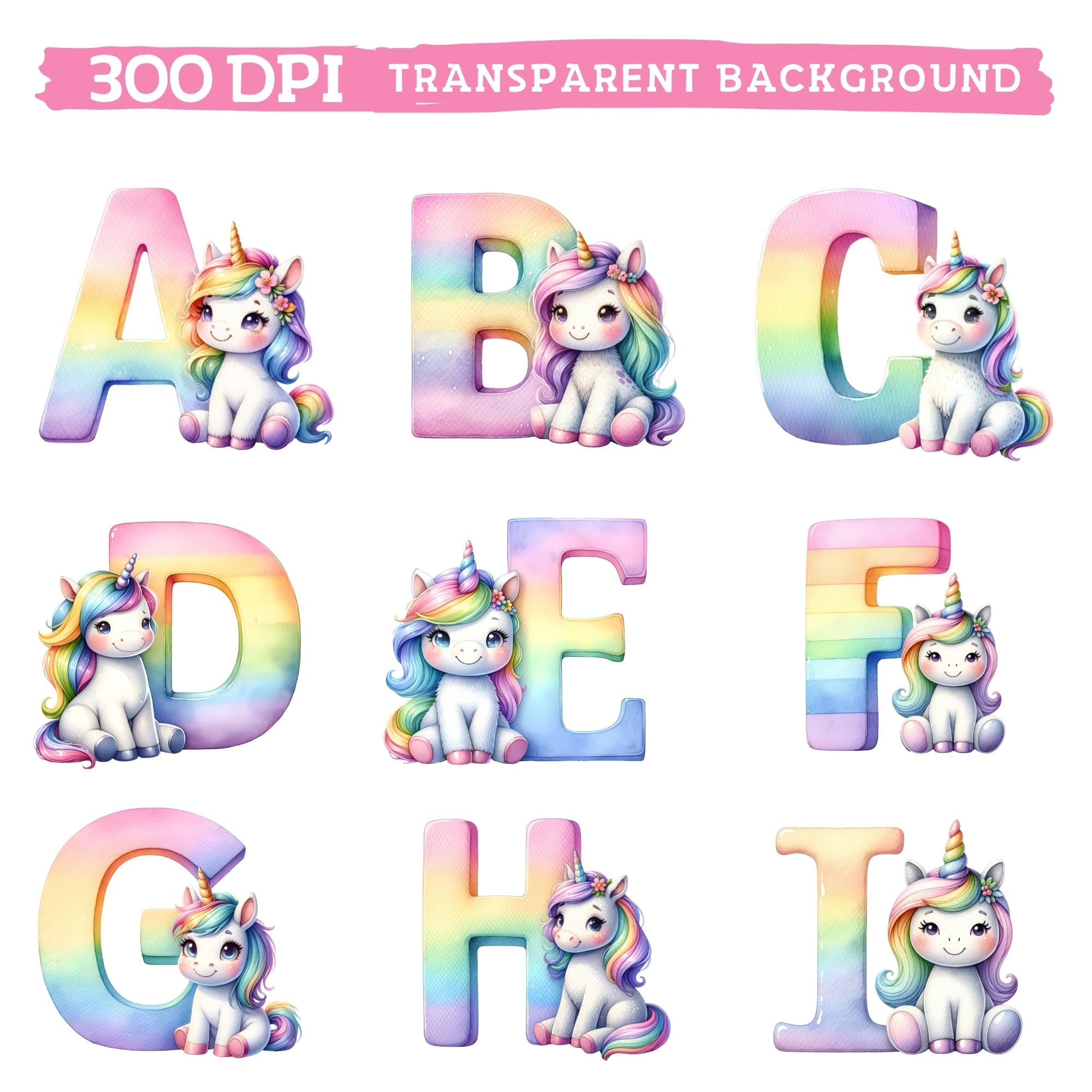 Unicorn Alphabet, Watercolor Pastel Rainbow Unicorn Number Nursery ...