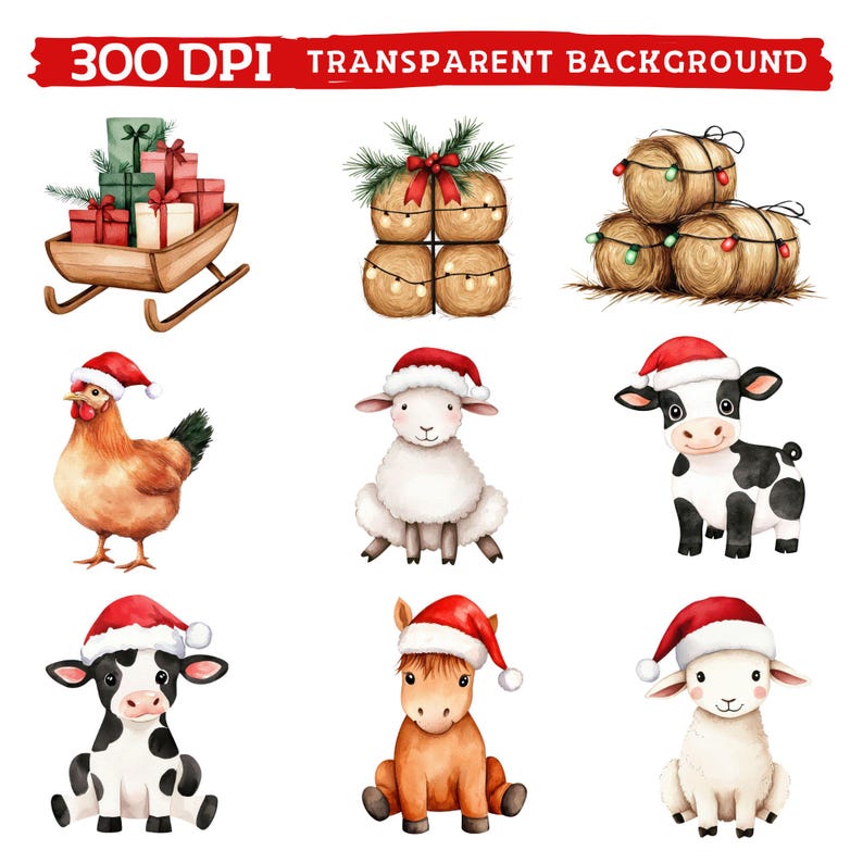 Cute Christmas Farm Clipart, Watercolor Cozy Christmas Farm Animals ...
