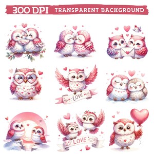 Watercolor Cute Owl Valentine Clipart, Couple Owls Valentine's Day, Owl ...