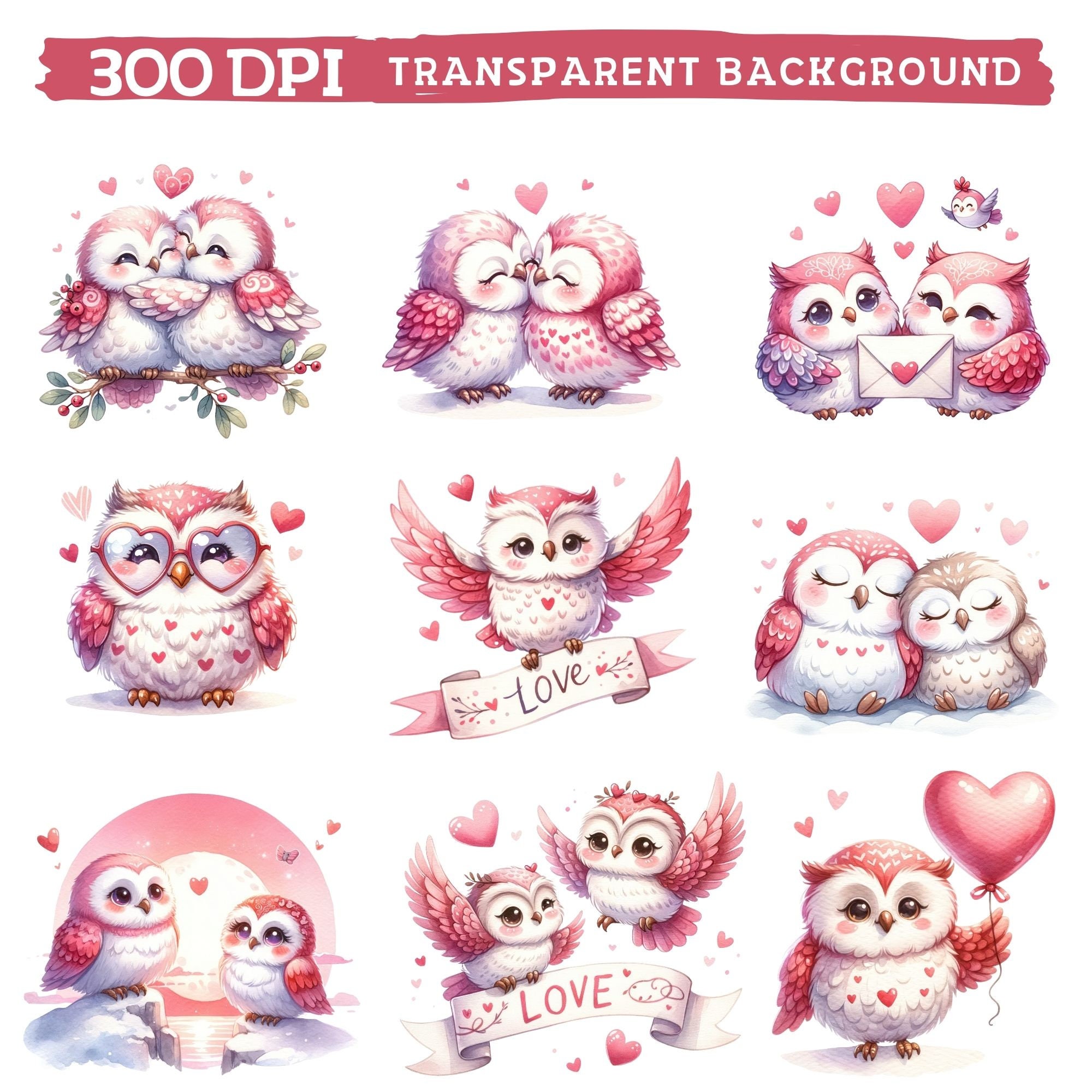 Watercolor Cute Owl Valentine Clipart, Couple Owls Valentine's Day, Owl ...