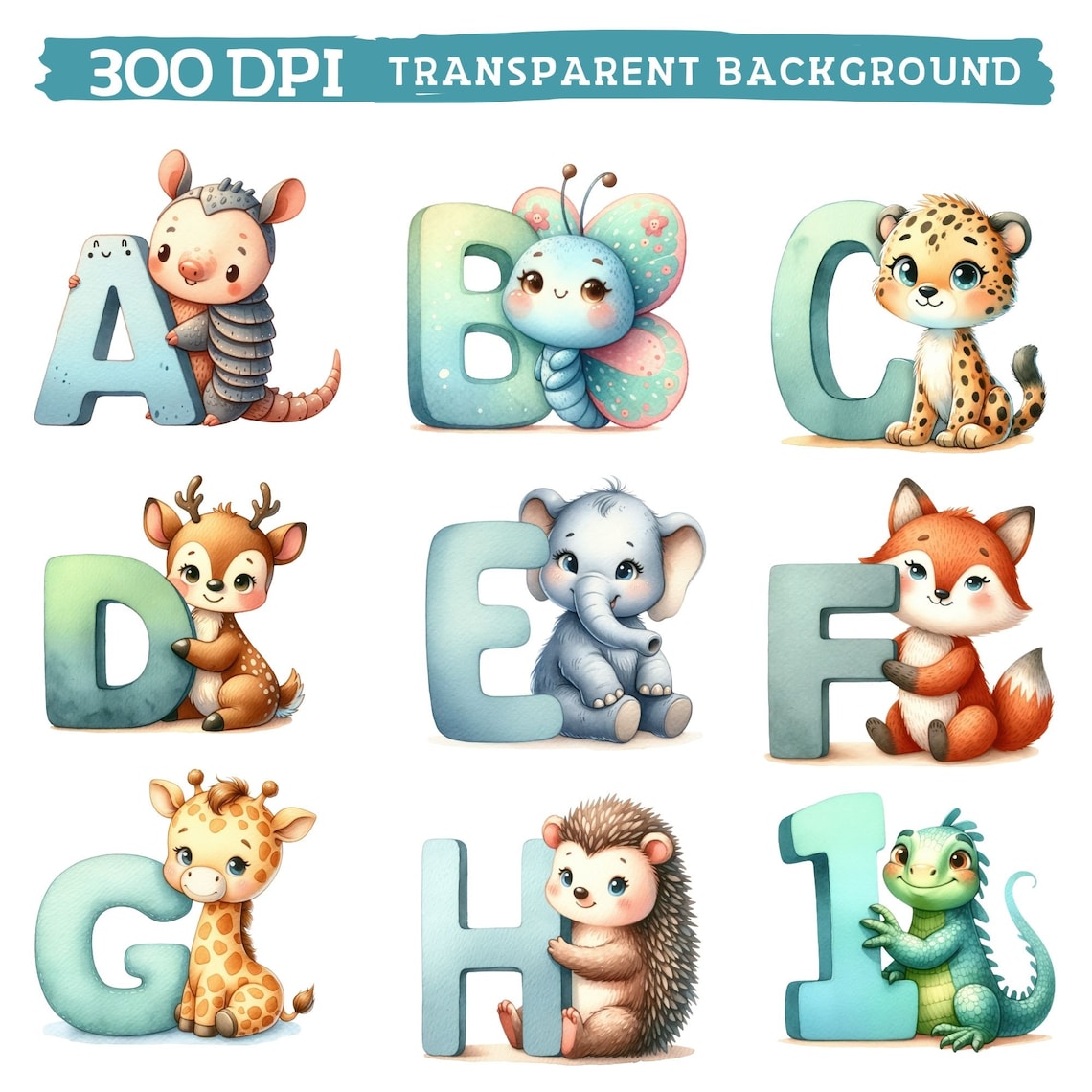Watercolor Cute Animal Alphabet Clipart, Student Teacher Nursery ...