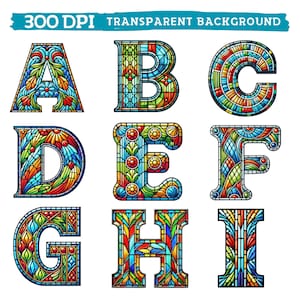 Stained Glass Alphabet Clipart, Colorful Vintage Letters & Numbers ...