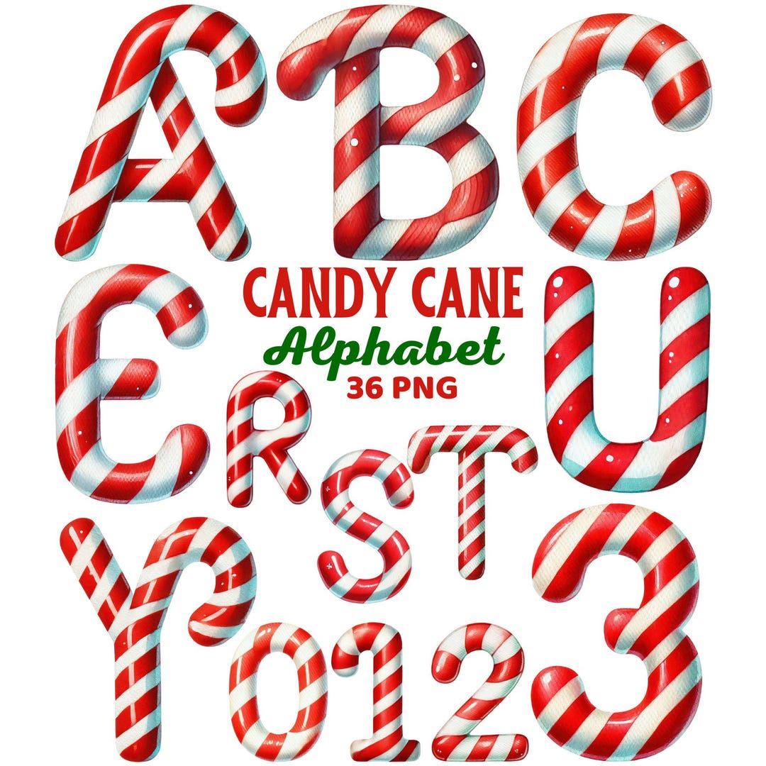 Candy Cane Alphabet Clipart, Watercolor Christmas Letters & Numbers ...