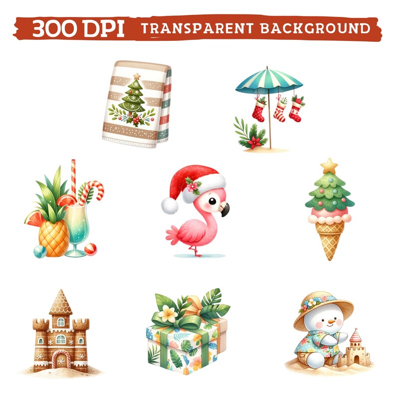 Tropical Christmas Clipart, Watercolor Cute Holiday Festive Summer ...