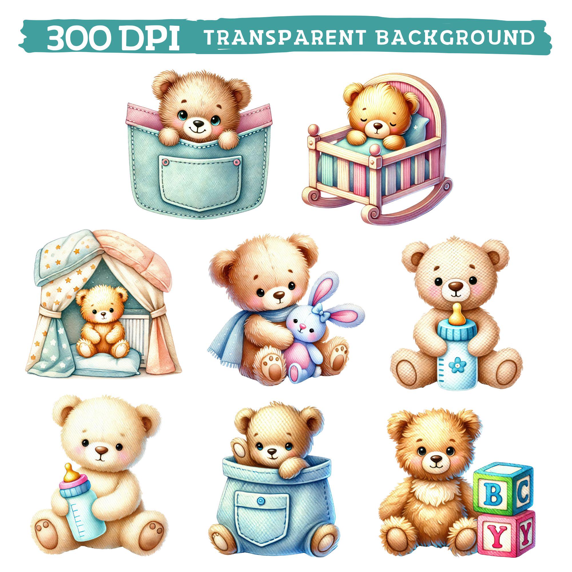 Bear Nursery Clipart, Watercolor Cute Baby Shower, Kids Boy Girl Room ...