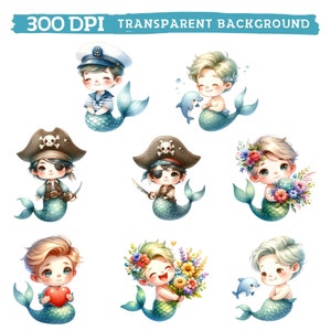 Adorable Merman Clipart Bundle, Watercolor Kid-friendly Mermaid Nursery ...