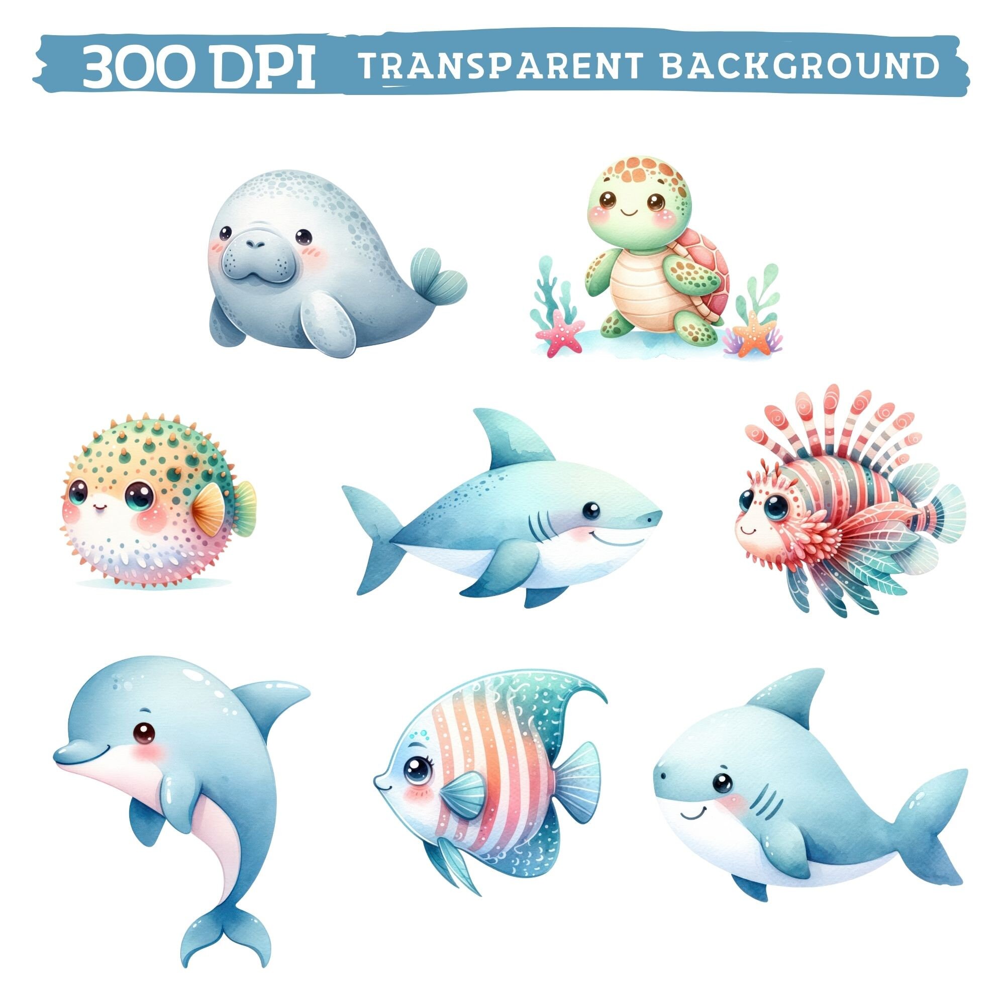 Watercolor Cute Undersea Clipart, Ocean Animal Enchanted Journey Marine ...