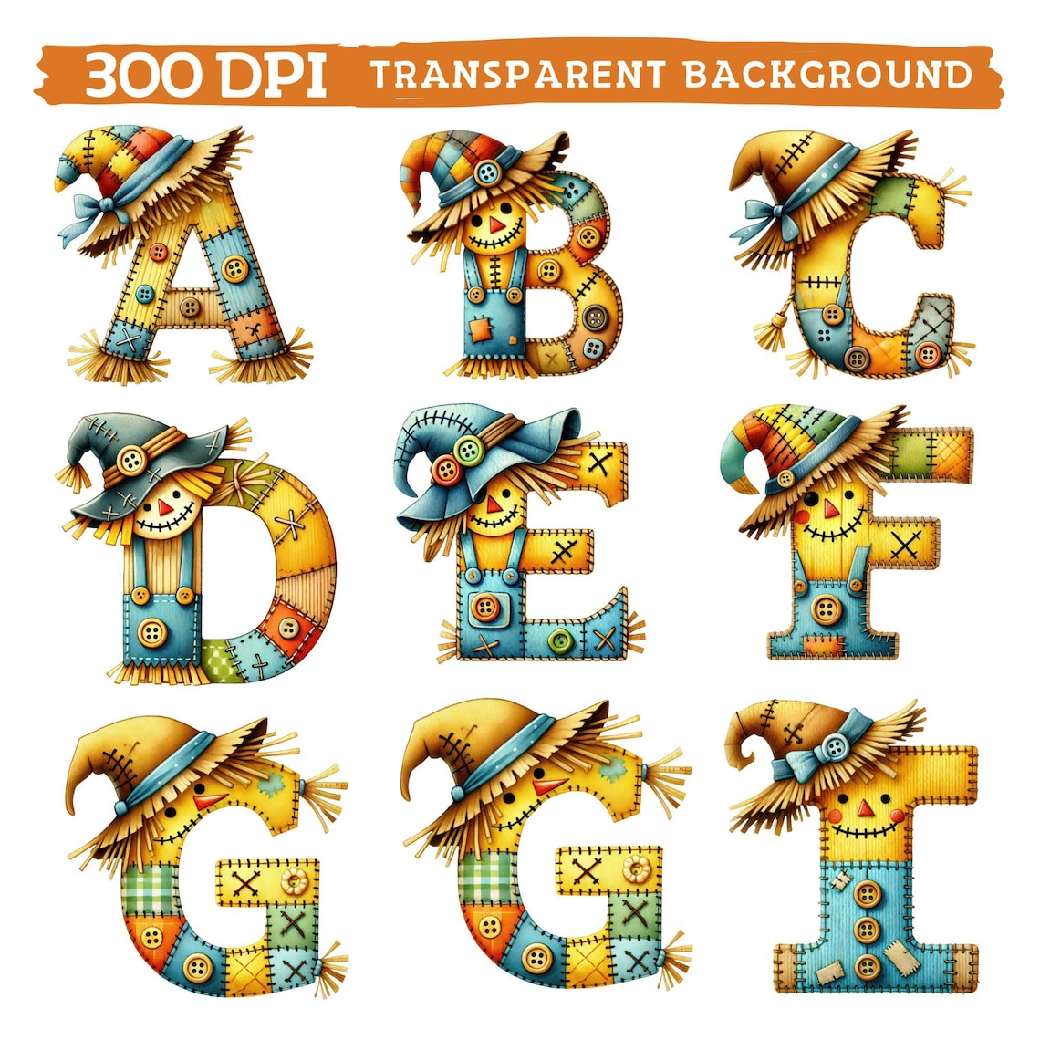 Scarecrow Alphabet Clipart, Watercolor Fall Letter Number, Rustic ...