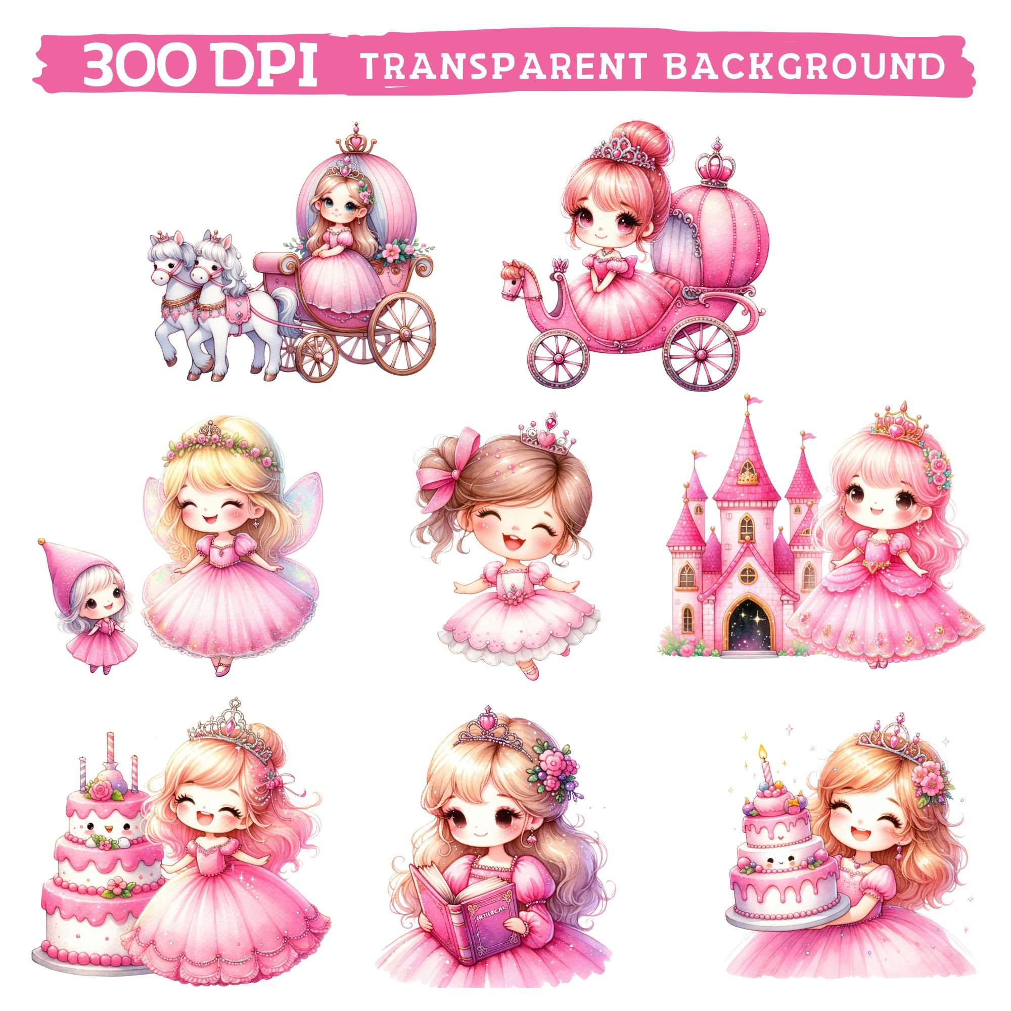 Watercolor Cute Princess Clipart, Little Princess Pink Ball Gown Party ...