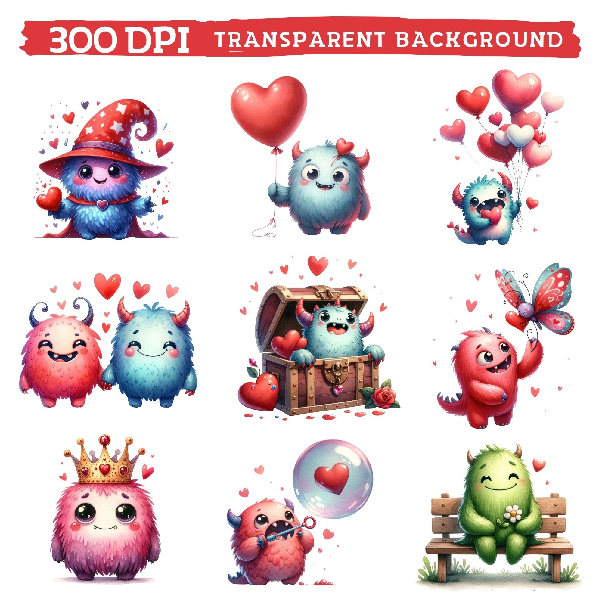 Watercolor Cute Monsters Valentine Clipart, Cartoon Valentine's Day Png ...