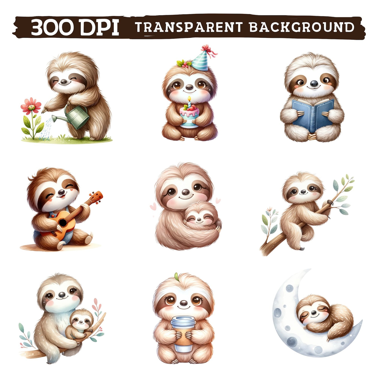Cute Sloth Clipart, Watercolor Sloth Nursery, Spring Woodland Animal ...