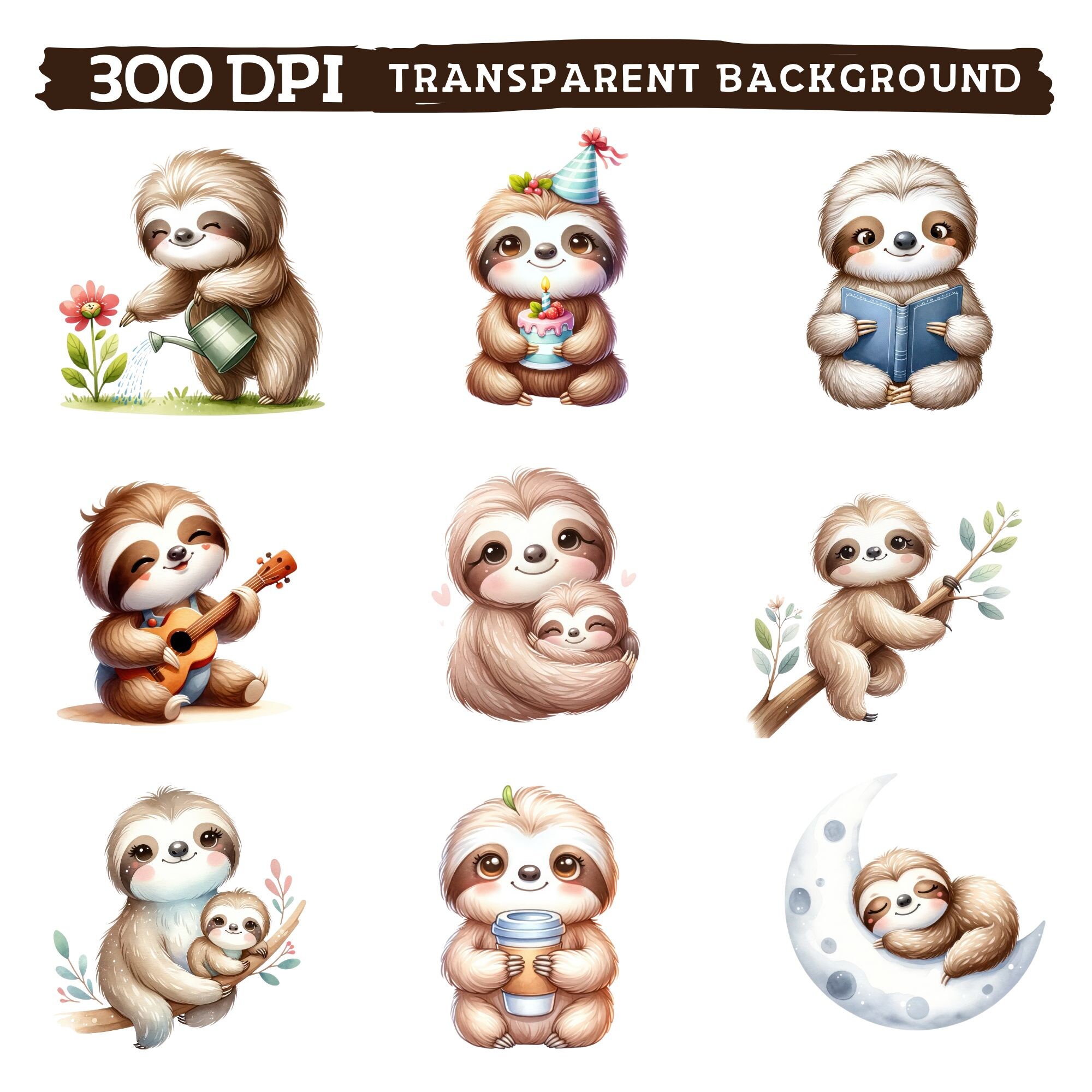 Cute Sloth Clipart, Watercolor Sloth Nursery, Spring Woodland Animal ...