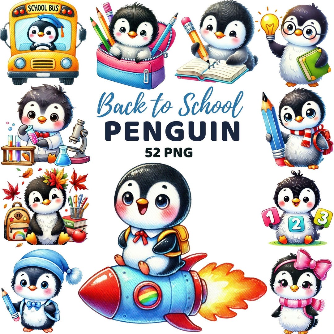 Cute Penguin Back to School Clipart, Watercolor Animal Teacher Student ...