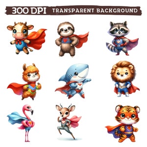 Cute Superhero Animals Clipart, Watercolor Baby Animal Nursery, Fantasy ...