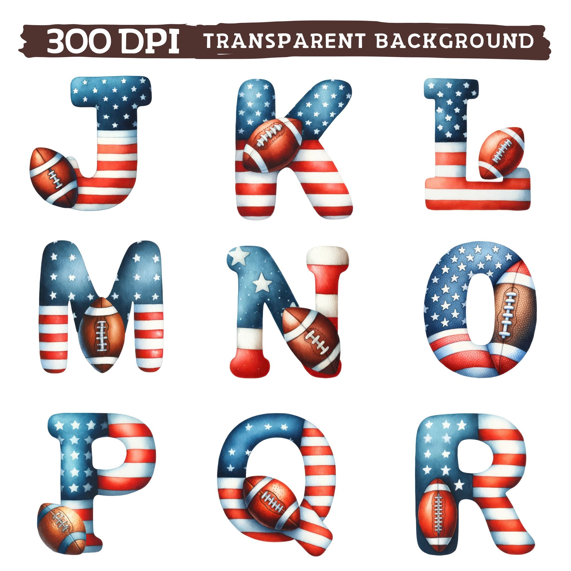 American Football Alphabet & Numbers Clipart, Watercolor Cute Touchdown ...