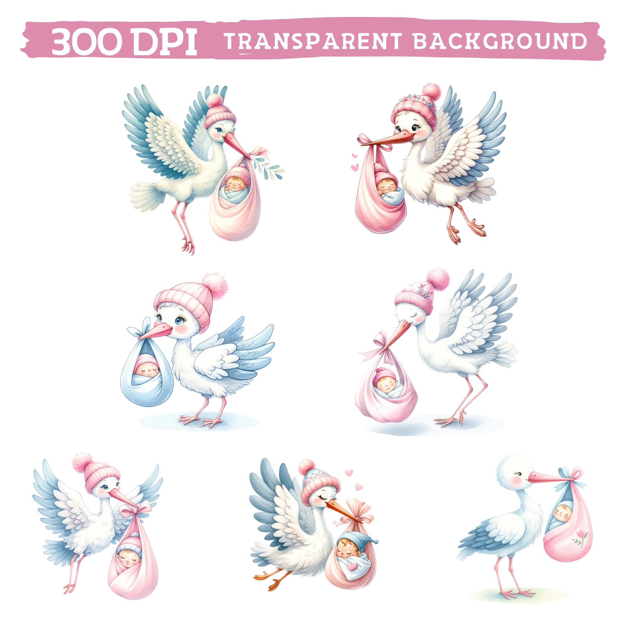 Watercolor Cute Stork Delivering Baby Clipart, Stork Baby Girl Boy ...