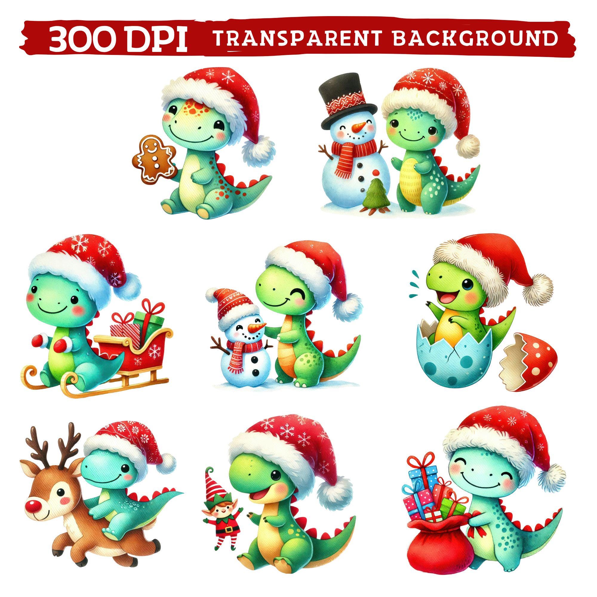 Christmas Dinosaur Clipart, Watercolor Cute Holiday Dino, Nursery Decor ...