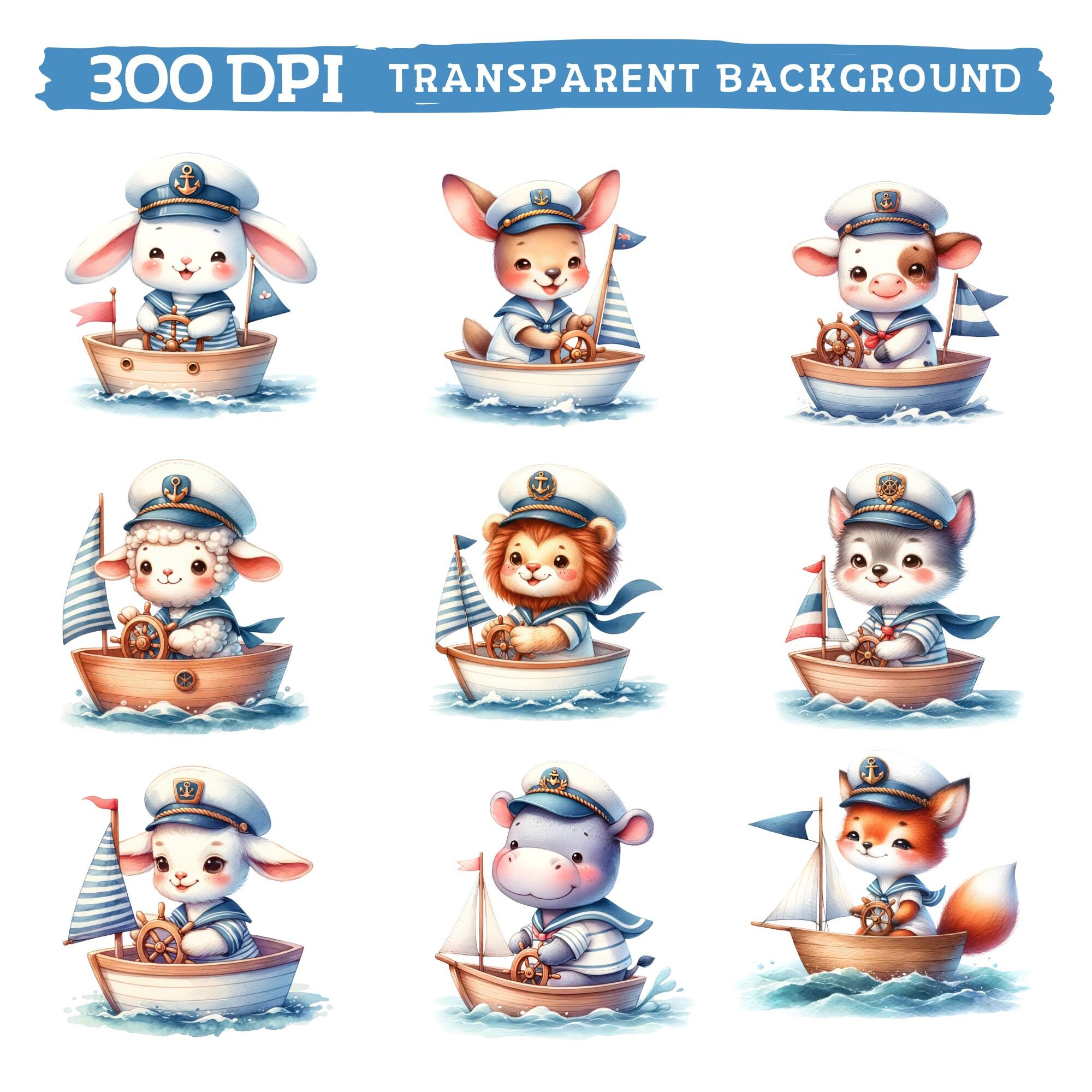 Watercolor Cute Sailor Animals Sailboat Clipart, Sailor Baby Animal ...
