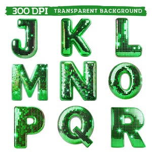 Retro Disco Alphabet Clipart, Green Shiny Mirror Ball Letters & Numbers ...