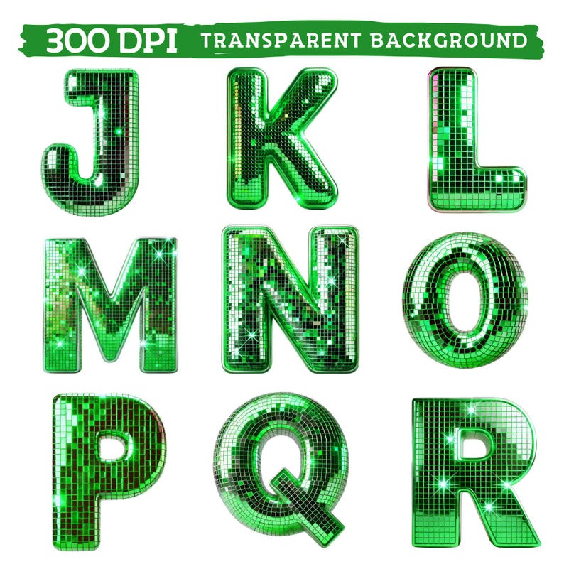 Retro Disco Alphabet Clipart, Green Shiny Mirror Ball Letters & Numbers ...