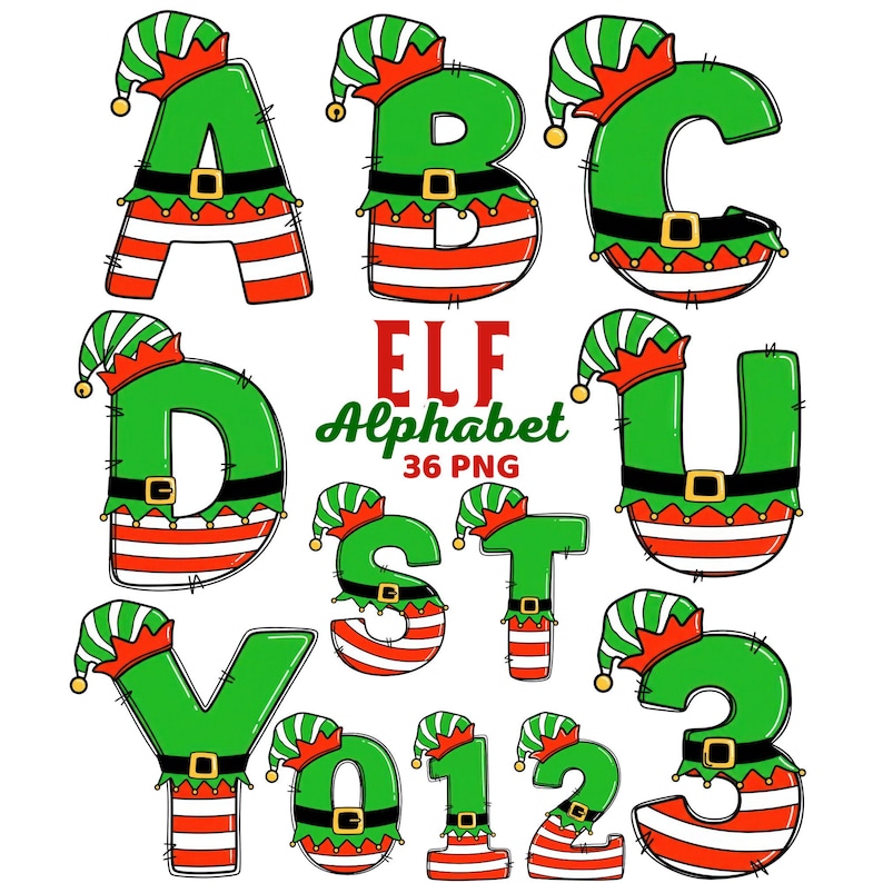 Elf Alphabet Clipart, Christmas Letters & Numbers Holiday Xmas Png - Etsy